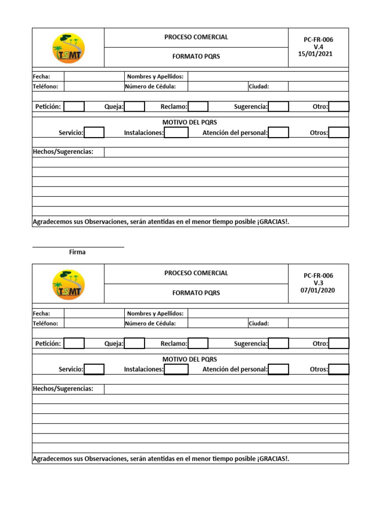 Formato PQRS para Proceso Comercial | PDF