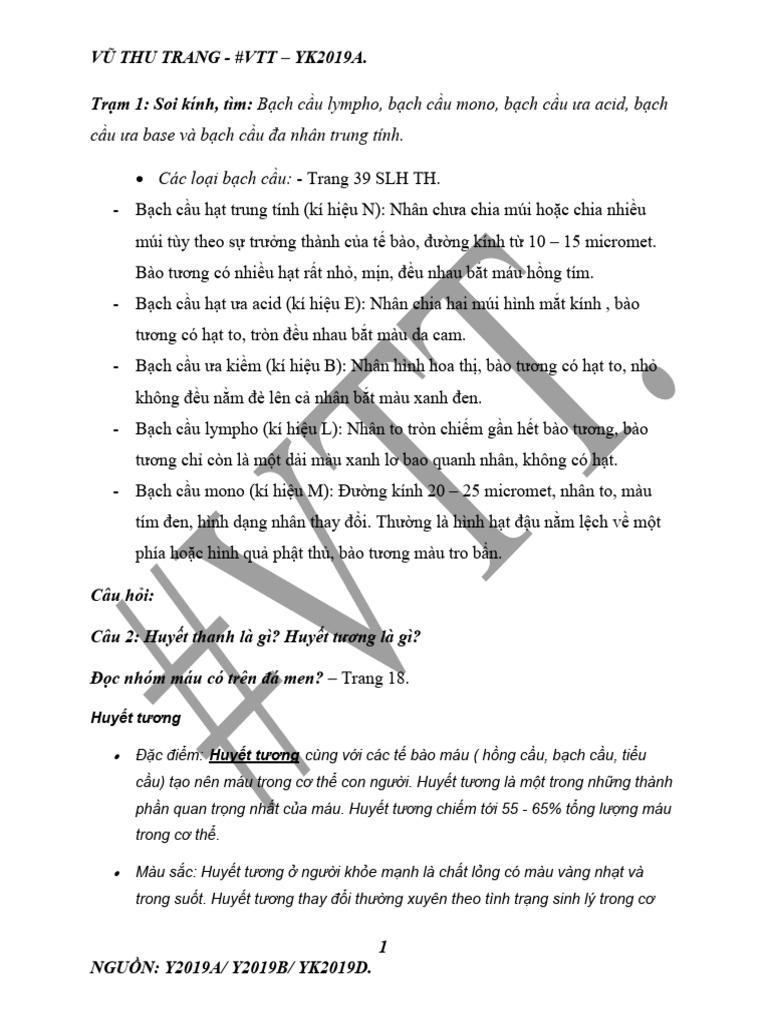 Tổng Hợp Thực Hành Sinh Lý Học Module Huyết Học Vtt. | PDF