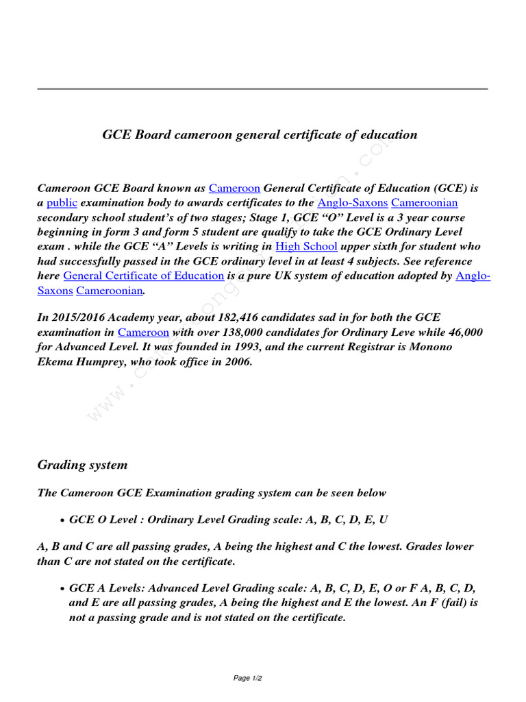GCE Board Cameroon General Certificate of Education | PDF | Student ...
