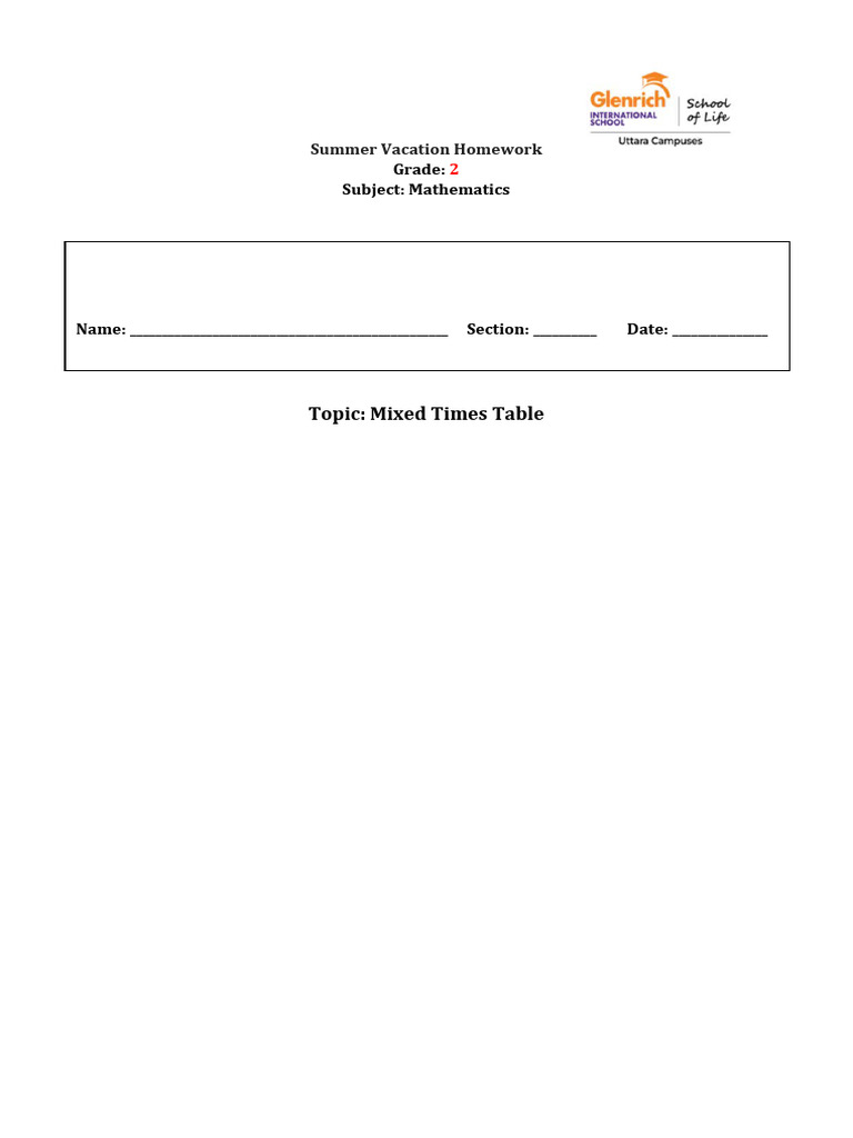 GR - 2, Mixed Times Table Summer Vacation Homework, 24-25 | PDF