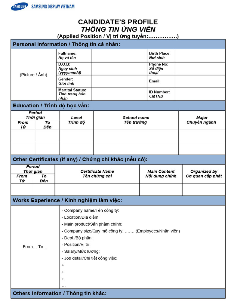 Form CV ứng tuyển Samsung Display Vietnam | PDF