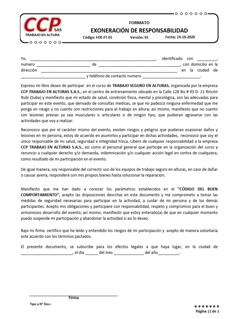 FOE-FT-01 Exoneración de Responsabilidad V1 | PDF