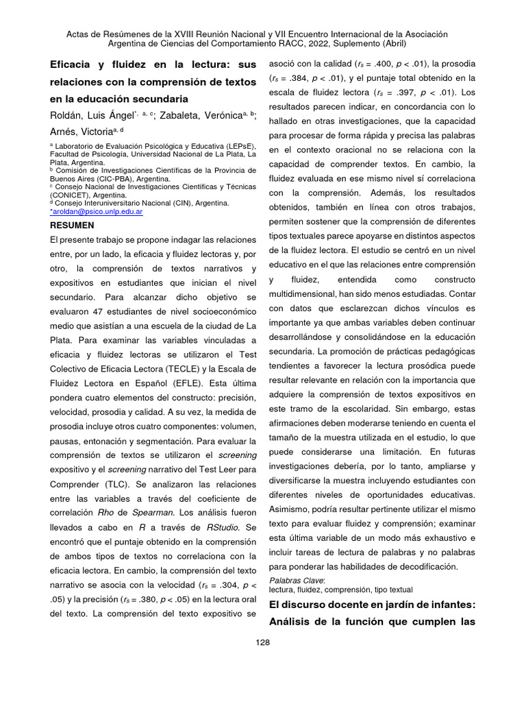 Eficacia y Fluidez en La Lectura. Sus Relaciones Con La Comprensión de ...