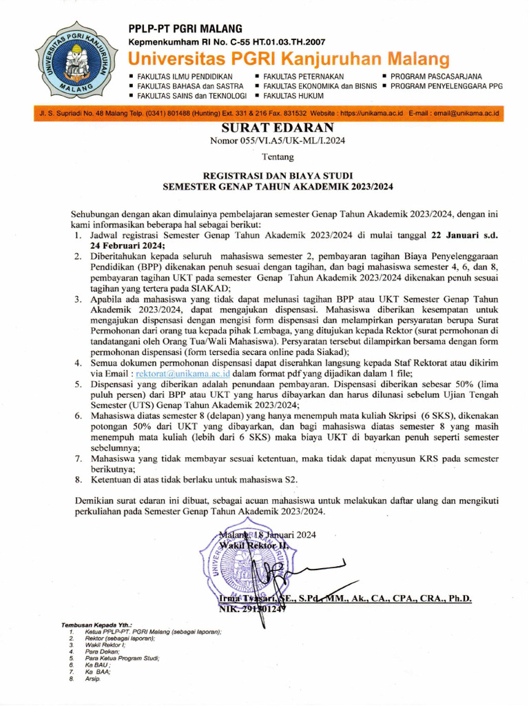 055 Edaran Registrasi Dan Biaya Studi Genap 2023-2024 | PDF