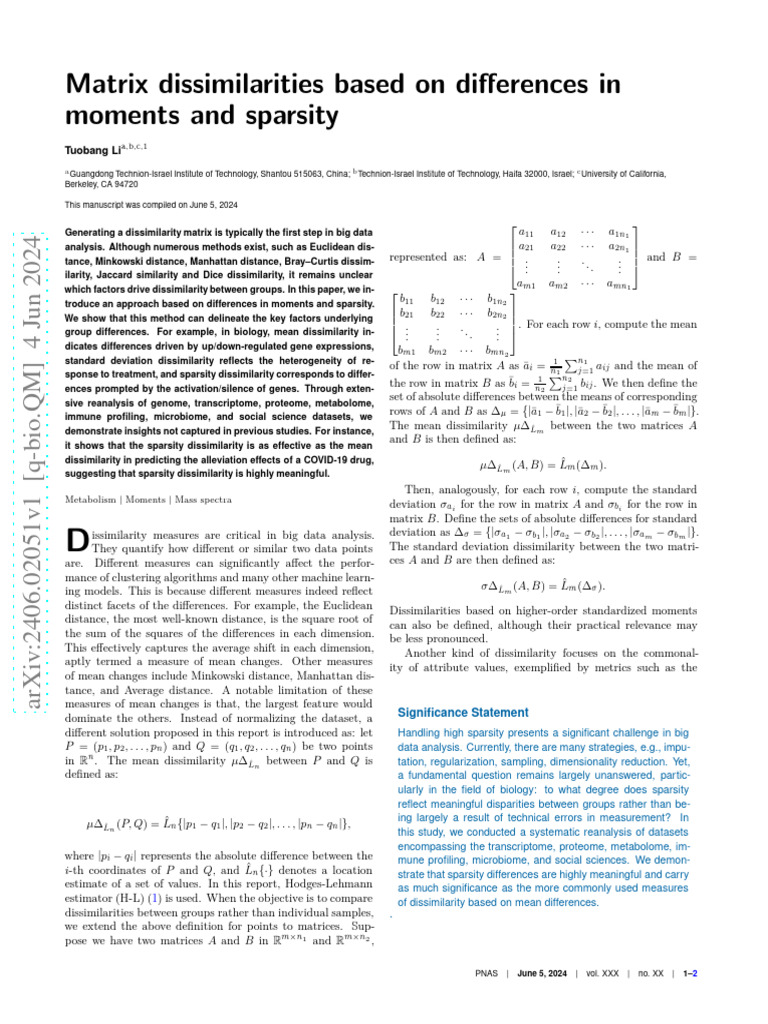 Matrix Dissimilarities Based On Differences in Moments and Sparsity | PDF | Matrix (Mathematics)