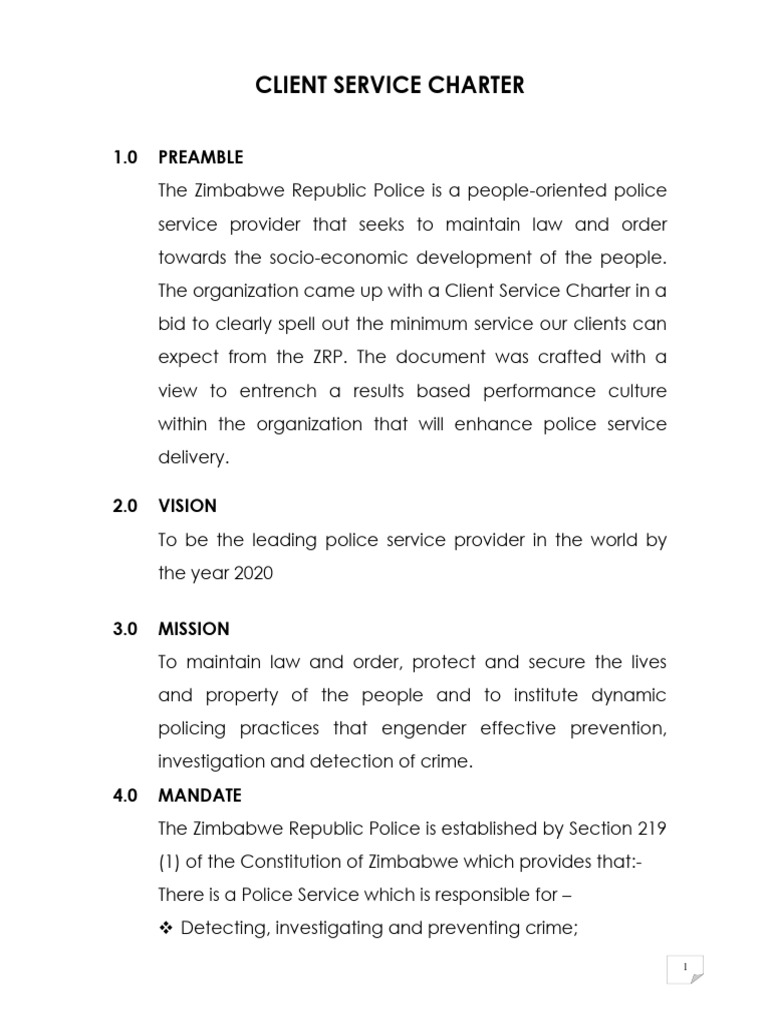 ZRP Client Service Charter Overview | PDF | Police | Crimes