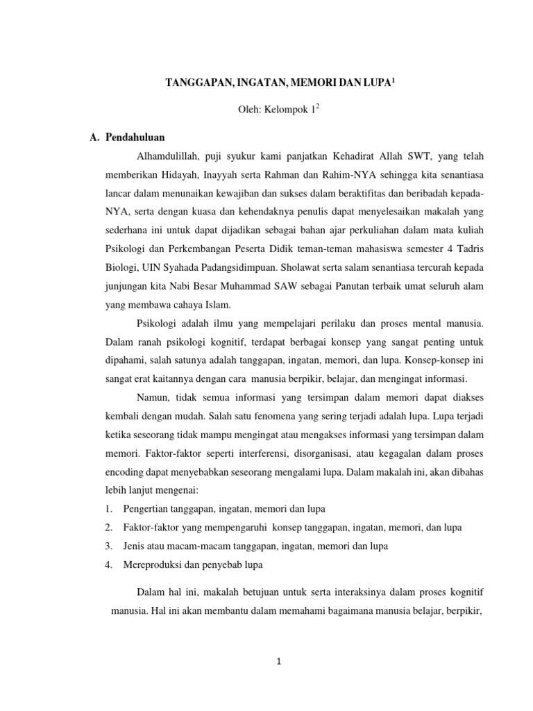 Tanggapan, Ingatan, Memori Dan Lupa (Kel 1) | PDF | Sains & Matematika