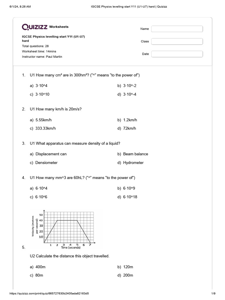 IGCSE Physics Levelling Start Y11 (U1-U7) Hard - Quiz | PDF | Force ...
