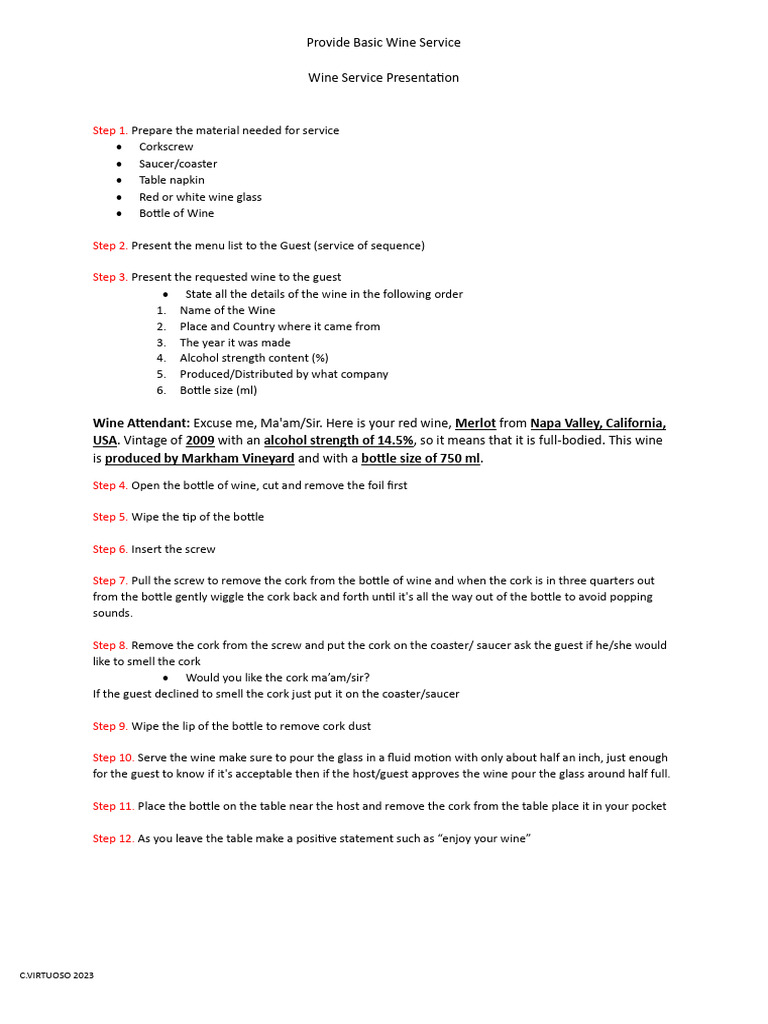 Basic Wine Service Steps for Bartenders | PDF | Wine | Fermented Drinks