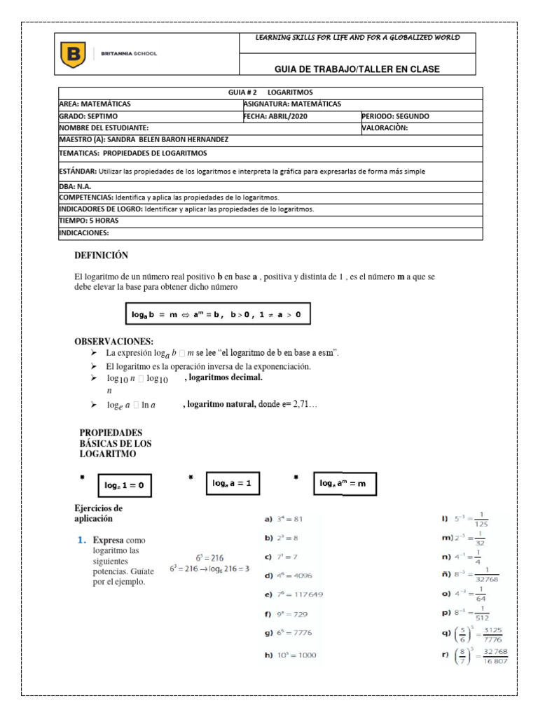 Ejercicios y Propiedades de Logaritmos | PDF | Logaritmo | Exponenciación