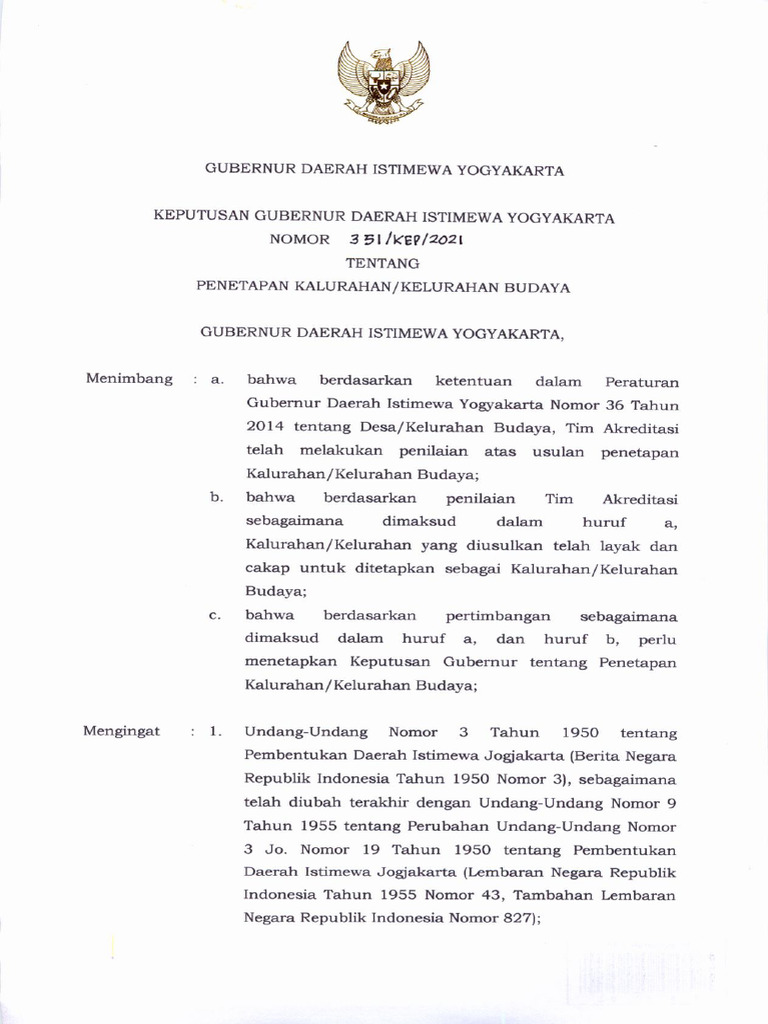 Keputusan Gubernur DIY Nomor 351 Tahun 2021 Tentang Penetapan Kalurahan Budaya | PDF