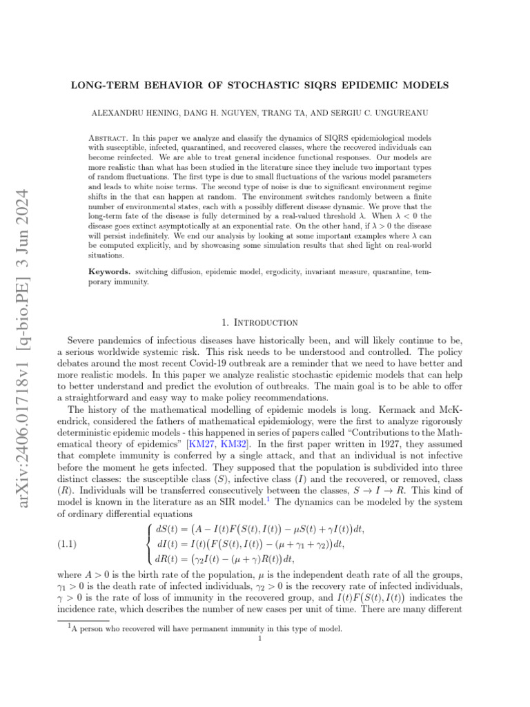 Long Term Behavior Of Stochastic Siqrs Epidemic Models Pdf Stochastic Process Stochastic
