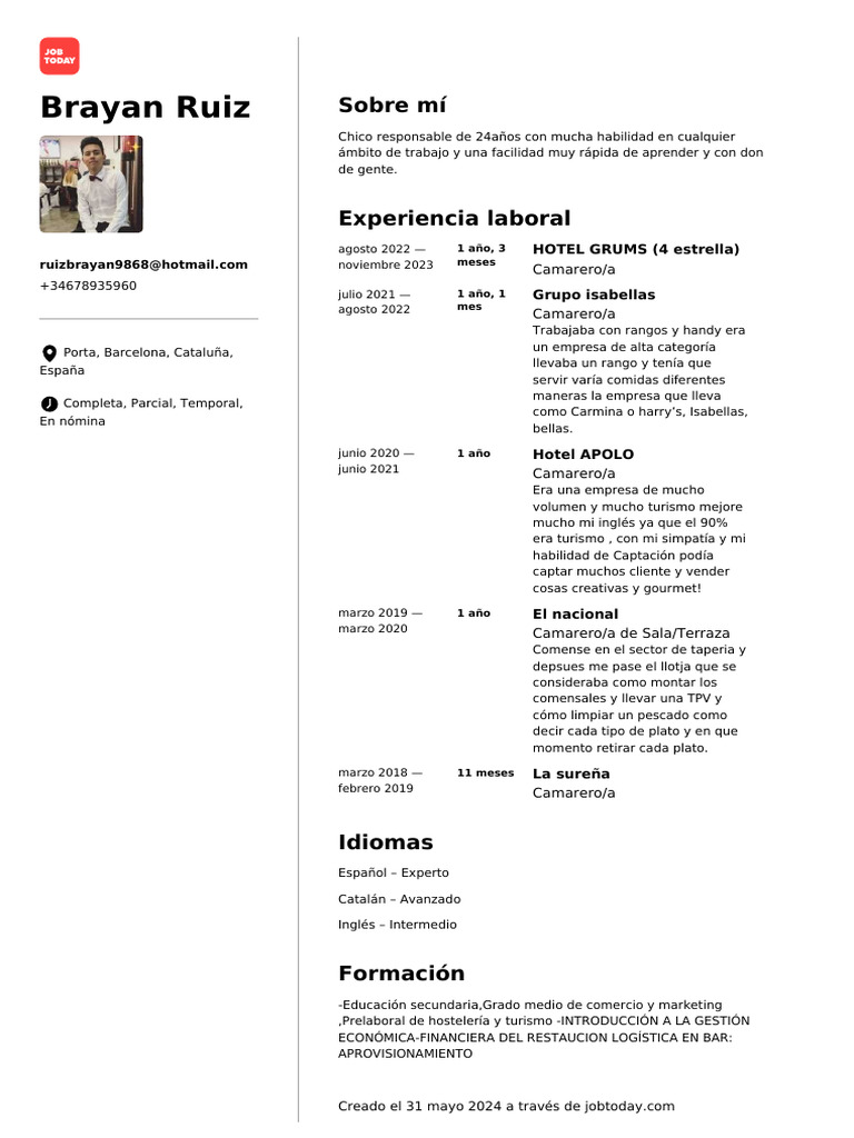 CV Job Today de Brayan Ruiz | PDF | Camareros | Industria de la hospitalidad