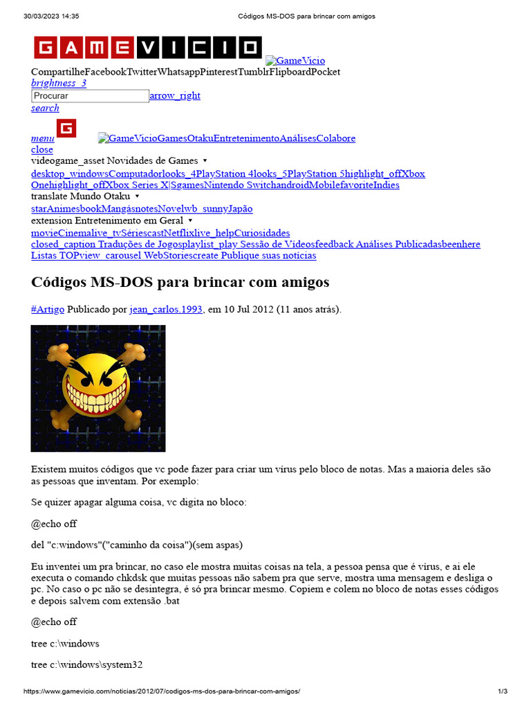 Códigos MS-DOS Para Brincar Com Amigos | Download grátis PDF | PCs (computadores) | Vírus de ...