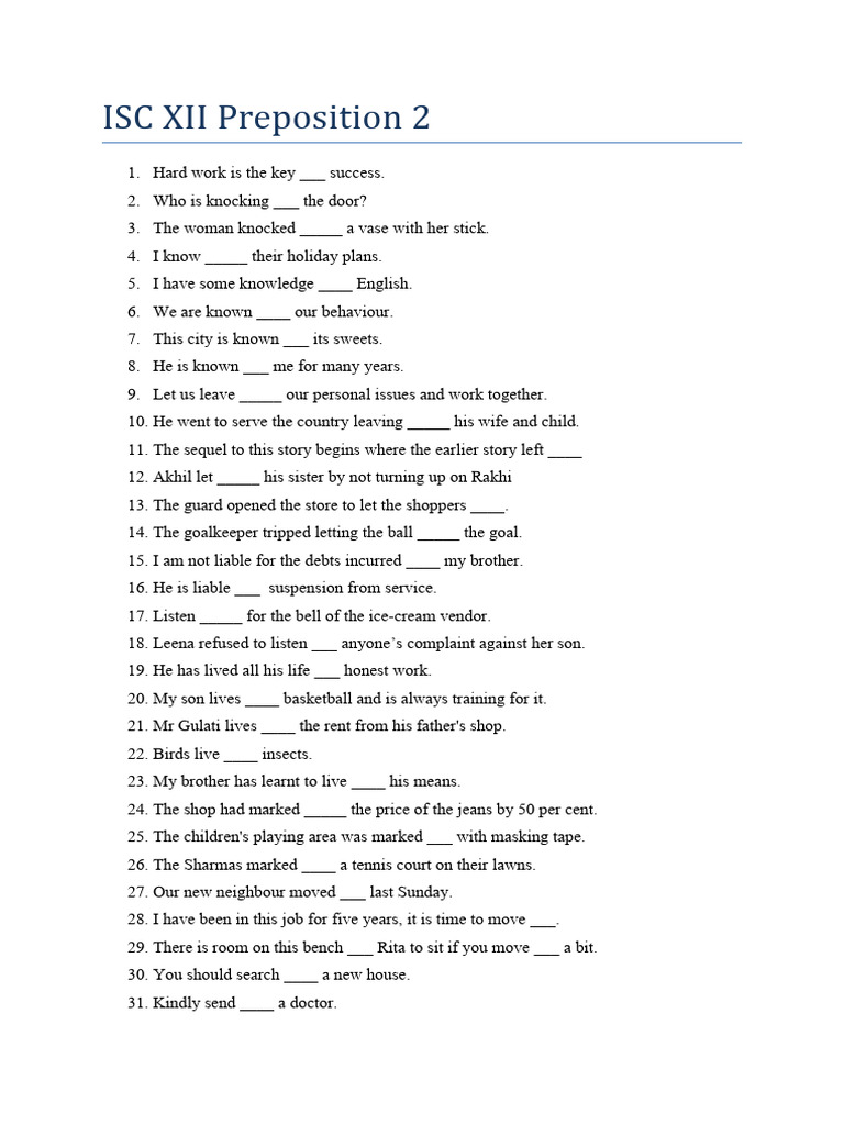 ISC XII Preposition 2 | PDF