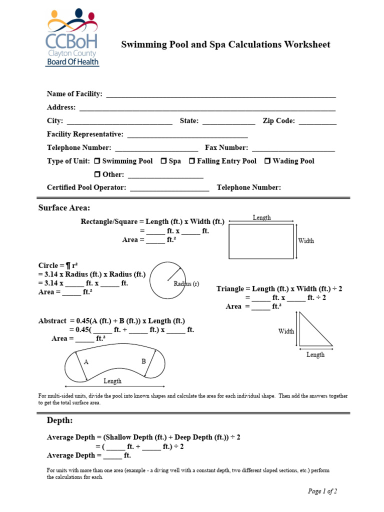 CCBOH - Pool and Spa Calculations Worksheet 040611 | PDF | Area | Length