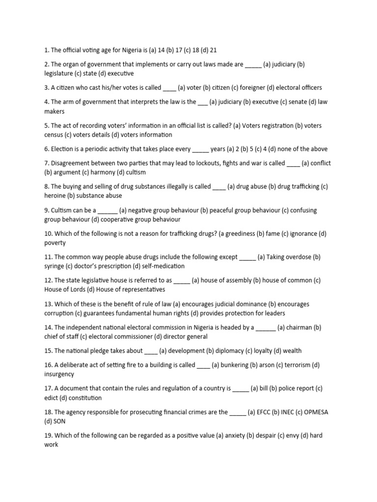 Civic Education Quiz | PDF | Nigeria | Justice
