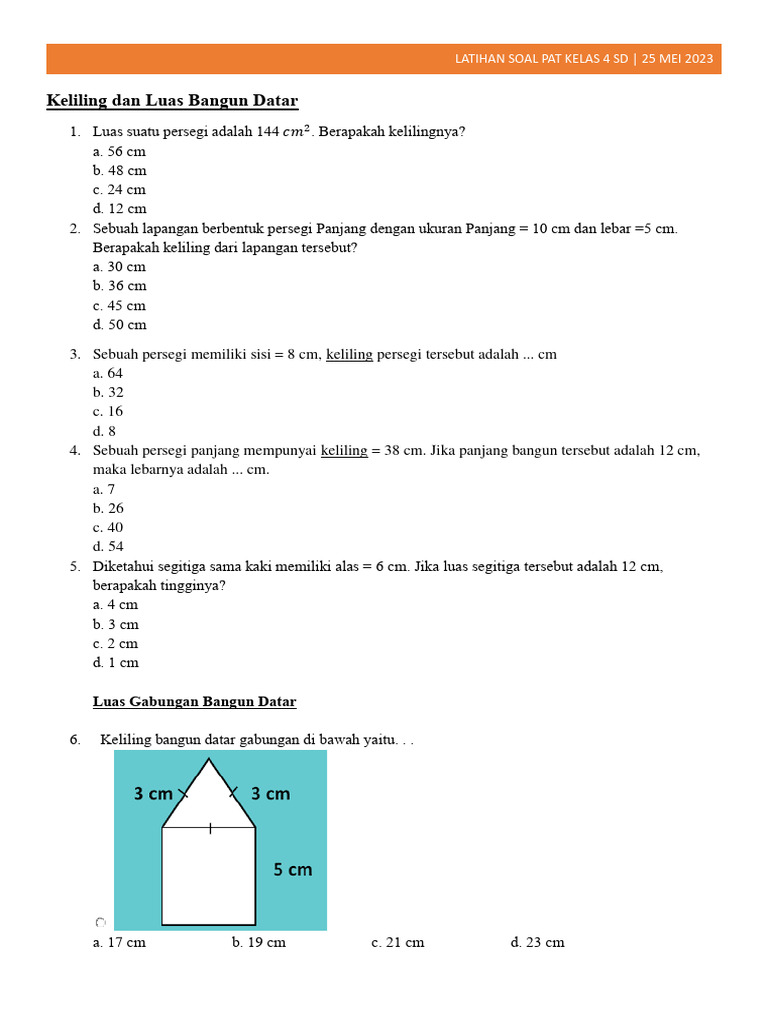 Latihan Soal PAT Matematika Kelas 4 SD 25 Mei 2023 | PDF