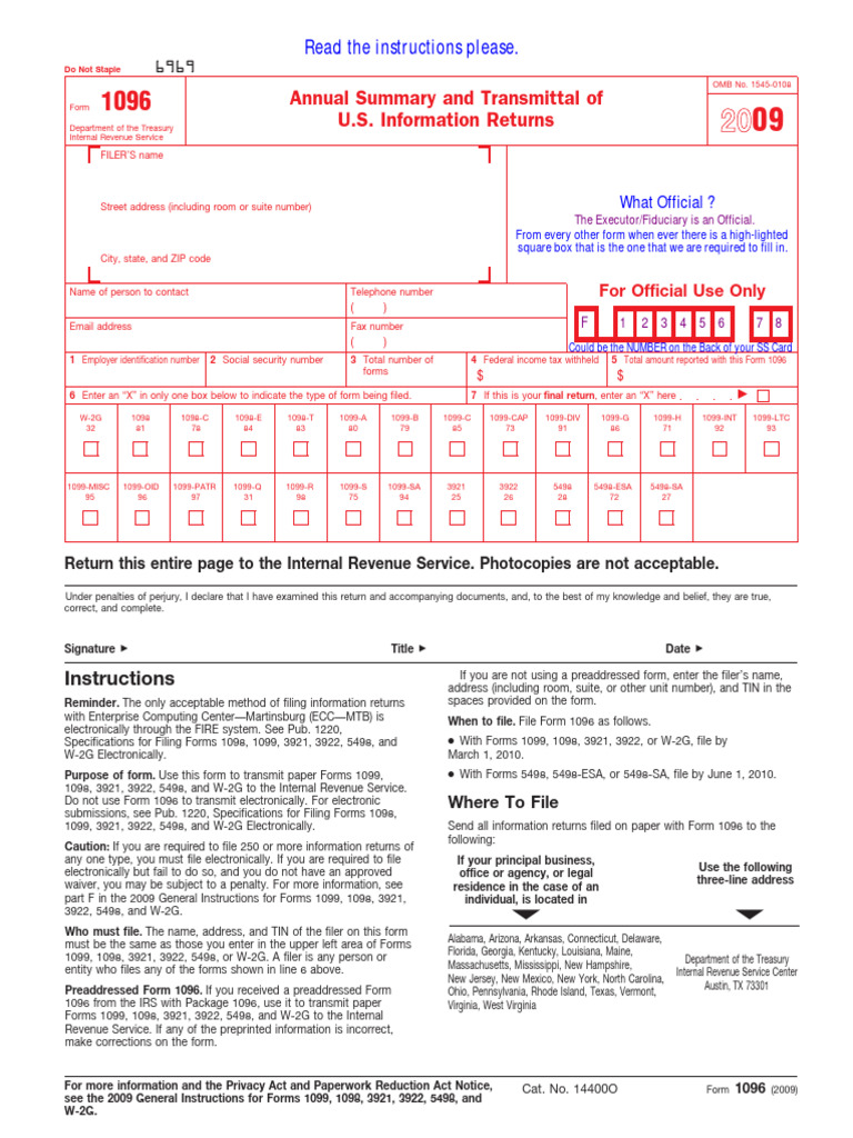 Form 1096: IRS Information Return Guide | PDF | Irs Tax Forms | Social ...