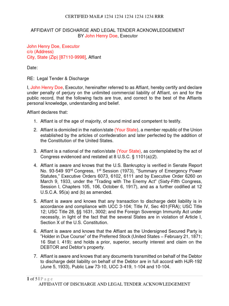 Affidavit and Notice of Discharge | PDF | Money | Affidavit