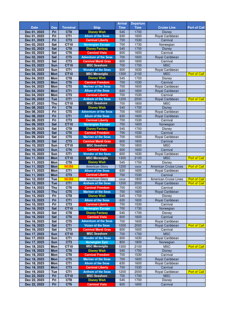 Port Canaveral Cruise Schedule Dec23 Jul24 | PDF | Cruise Ship | Hospitality Companies