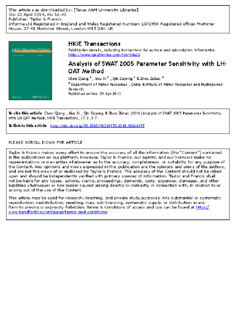Analysis Of Swat 2005 Parameter Sensitivity With Lh Oat Method Pdf