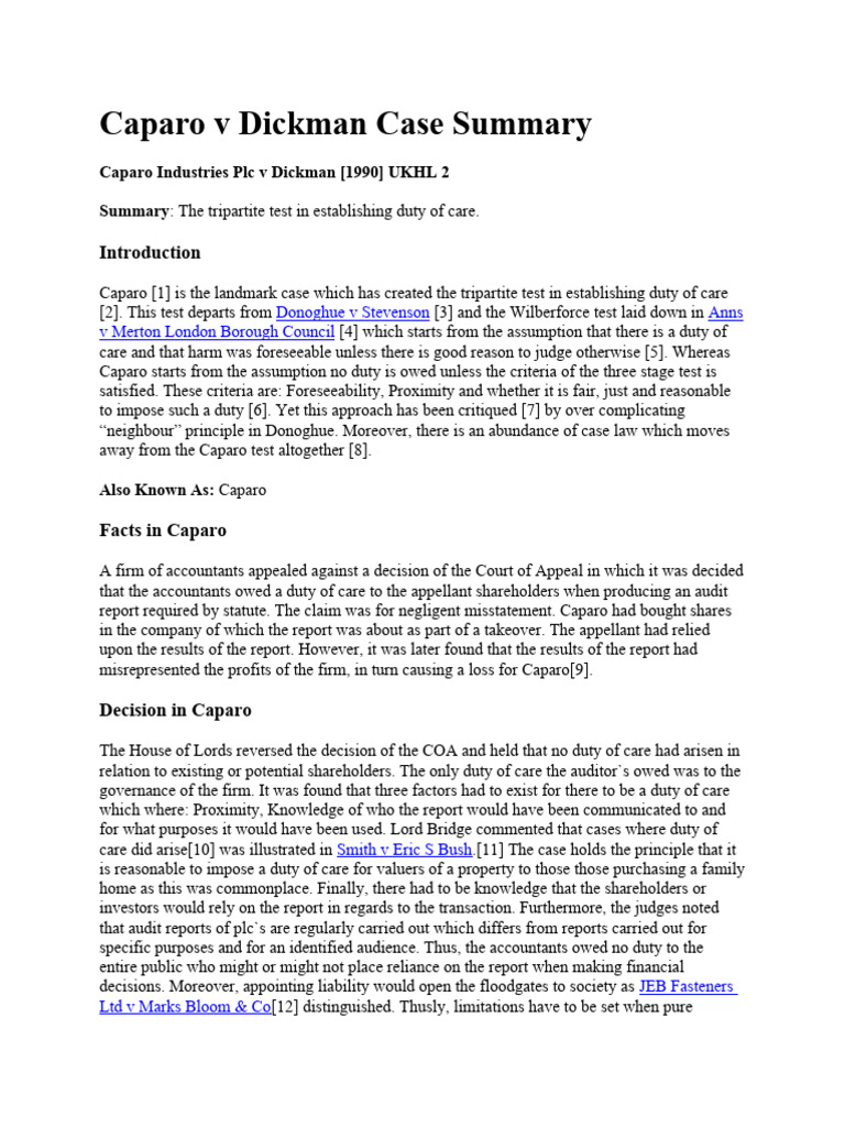 WS 1 Caparo Industries Pic V Dickman (1990) 2 AC 605 | PDF | Negligence ...