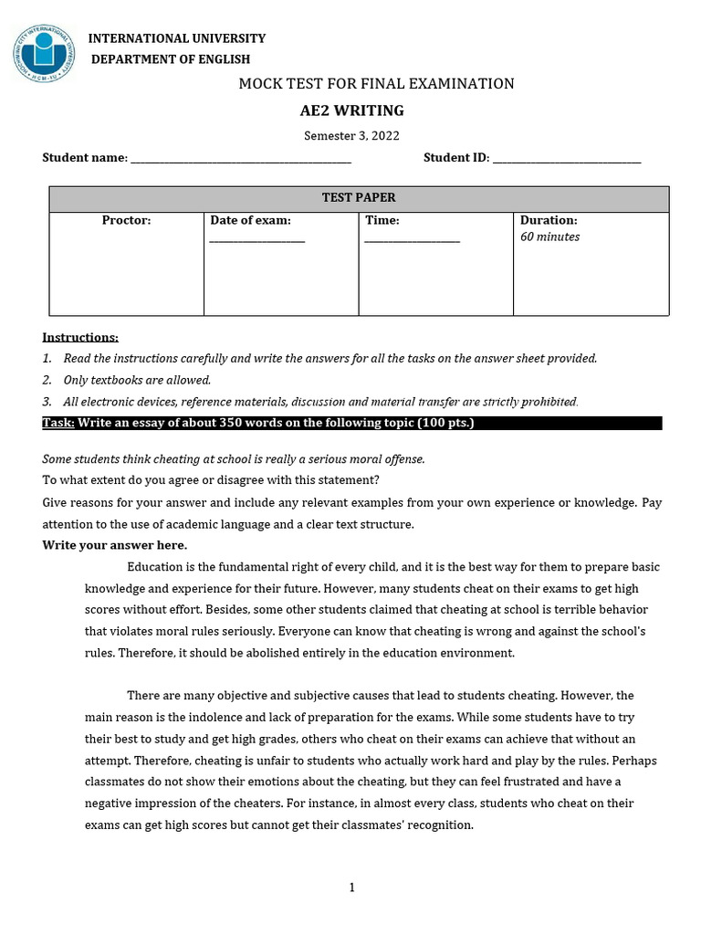 Sample AE2 Writing - Final Test | PDF | Psychology | Cognition