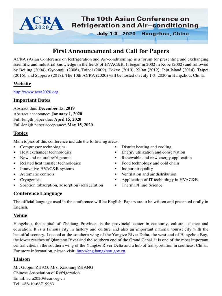 ACRA 2020 Call for Papers in HVAC&R | PDF | Engineering Thermodynamics | Building Automation