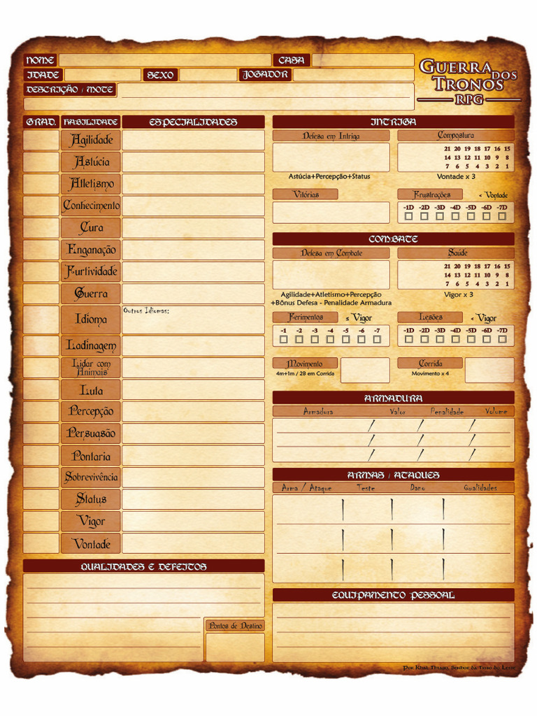 Guerra Dos Tronos RPG Ficha de Personagem V Khal Thiago Biblioteca Elfica | PDF