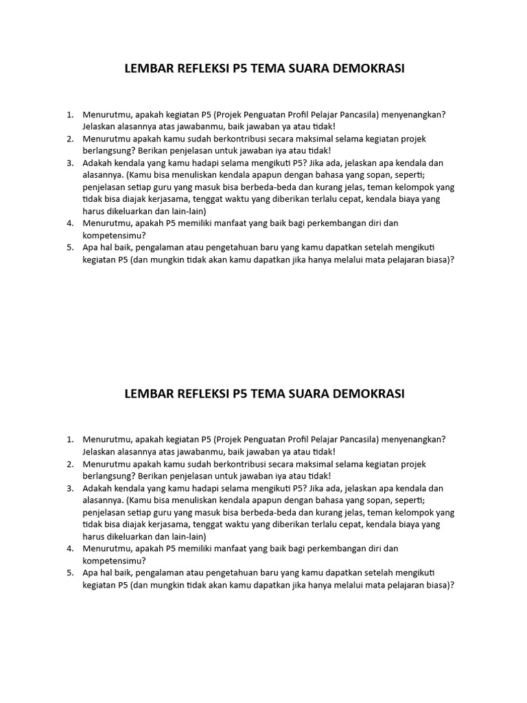 Lembar Refleksi P5 Tema Suara Demokrasi | PDF