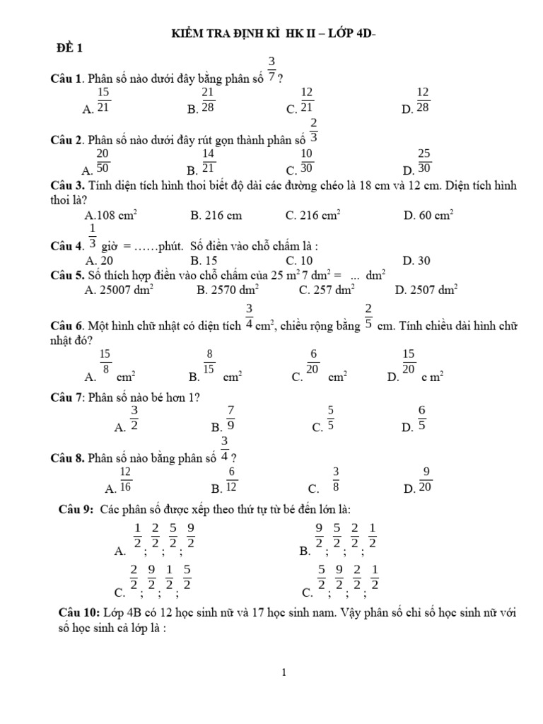 6 de Toan Hoc Ky 2 Lop 4D Co Lan | PDF