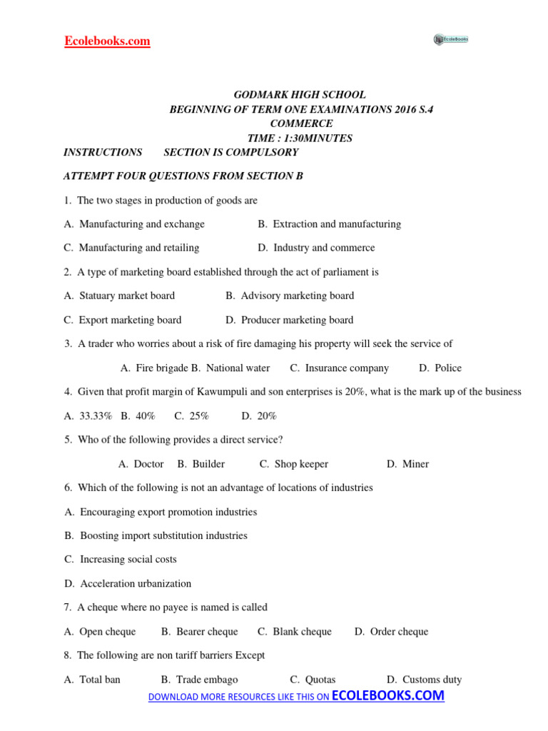 S.4 Com Bot 2 Revision & Past Papers | PDF | Cheque | Insurance
