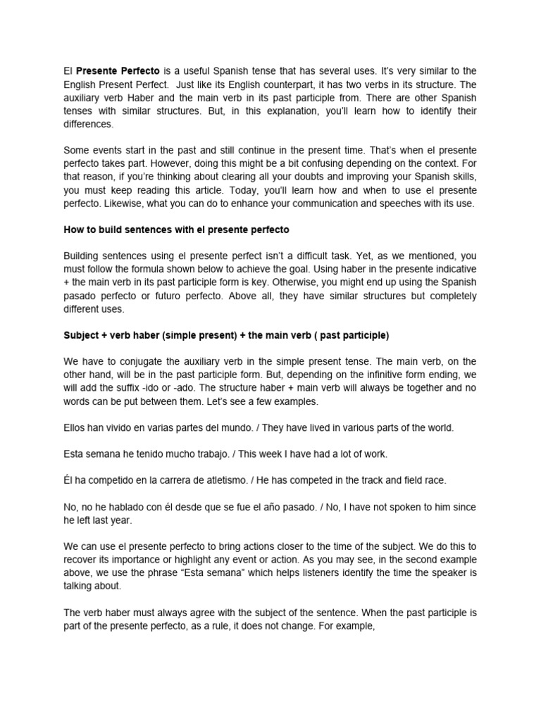Spanish Grammar - Presente Perfecto | PDF | Verb | Grammatical Tense