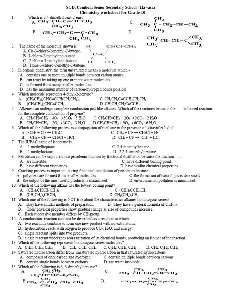 Chemistry Worksheet For Grade 10 | PDF | Alkene | Alkane