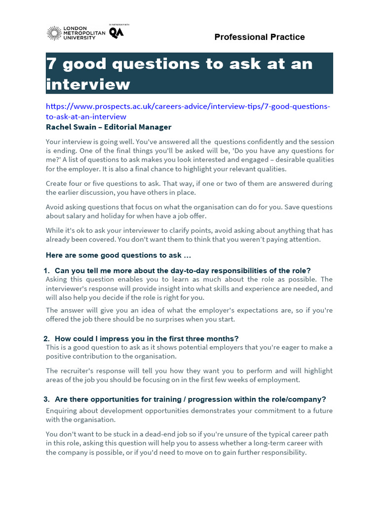 7 questions to ask at an interview | PDF | Employment | Cognition