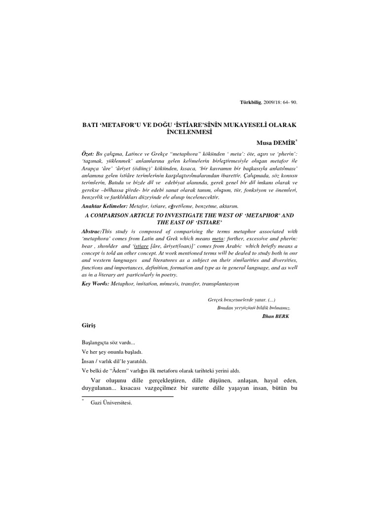 MAKALE - MUSA DEMİR - Batı Metafor'u Ve Doğu İstiare'sinin Mukayeseli Olarak İncelenmesi | PDF
