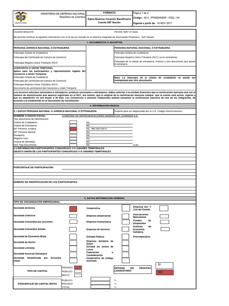 ANEXO No. 9 DATOS BASICOS CREACION BENEFICIARIOS | PDF | Documento de identidad