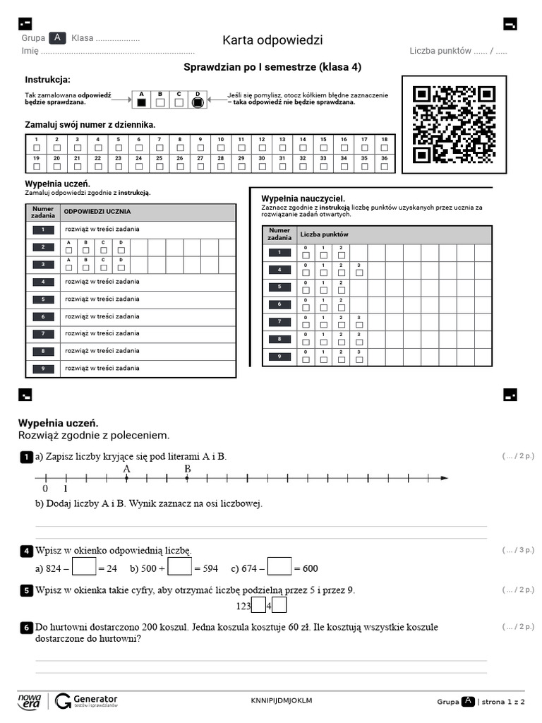 Sprawdzian Po I Semestrze (Klasa 4) Karta Odpowiedzi | PDF