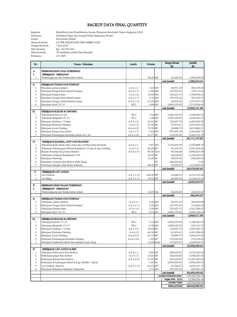 Backup Data Final Quantity Pekerjaan | PDF