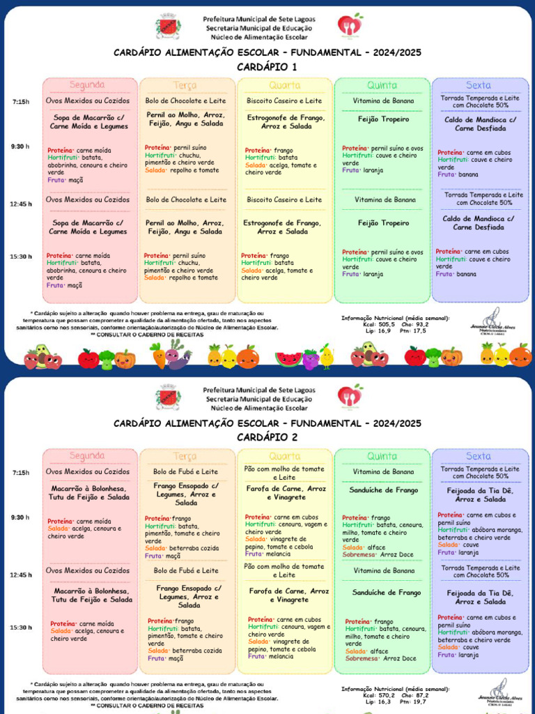 Cardápio Escolar - 2024-2025 | PDF | Tomate | Banana