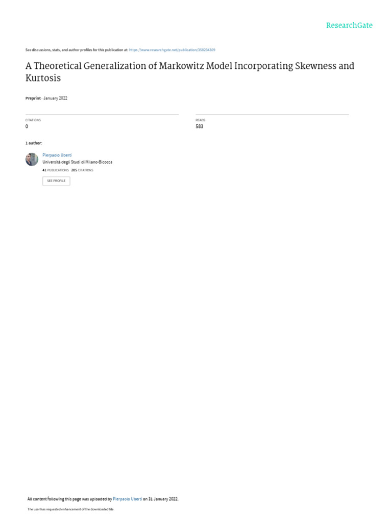 A Theoretical Generalization of The Markowitz Model Incorporating ...