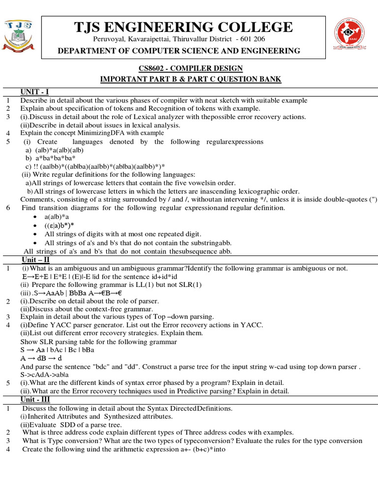 Cs8602 Cd Partb And C Pdf Parsing Grammar