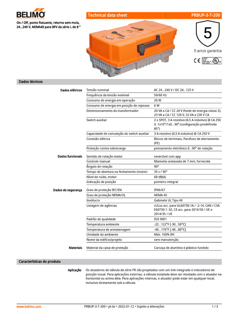 Belimo - PRBUP 3 T 200 - MANUAL - PT BR | PDF | Fonte de energia | Válvula