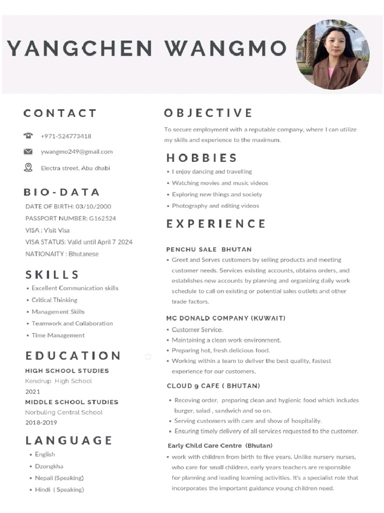 Resume Yangchen Wangmo | PDF