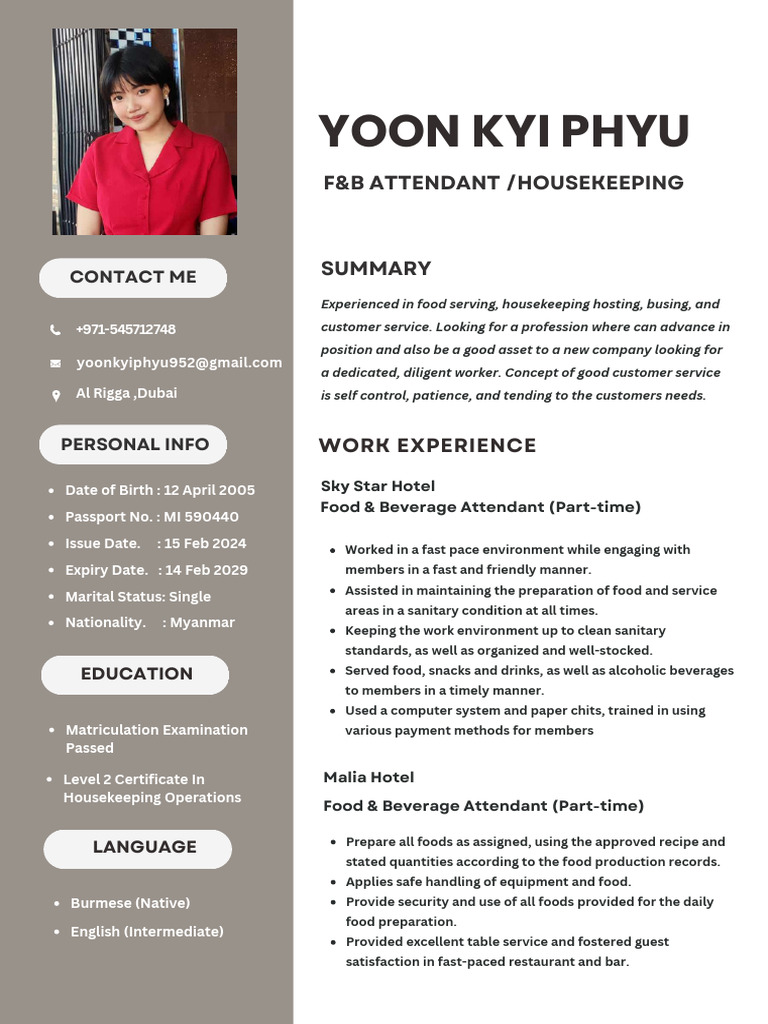 Resume Yoon Kyi Phyu | PDF | Foodservice