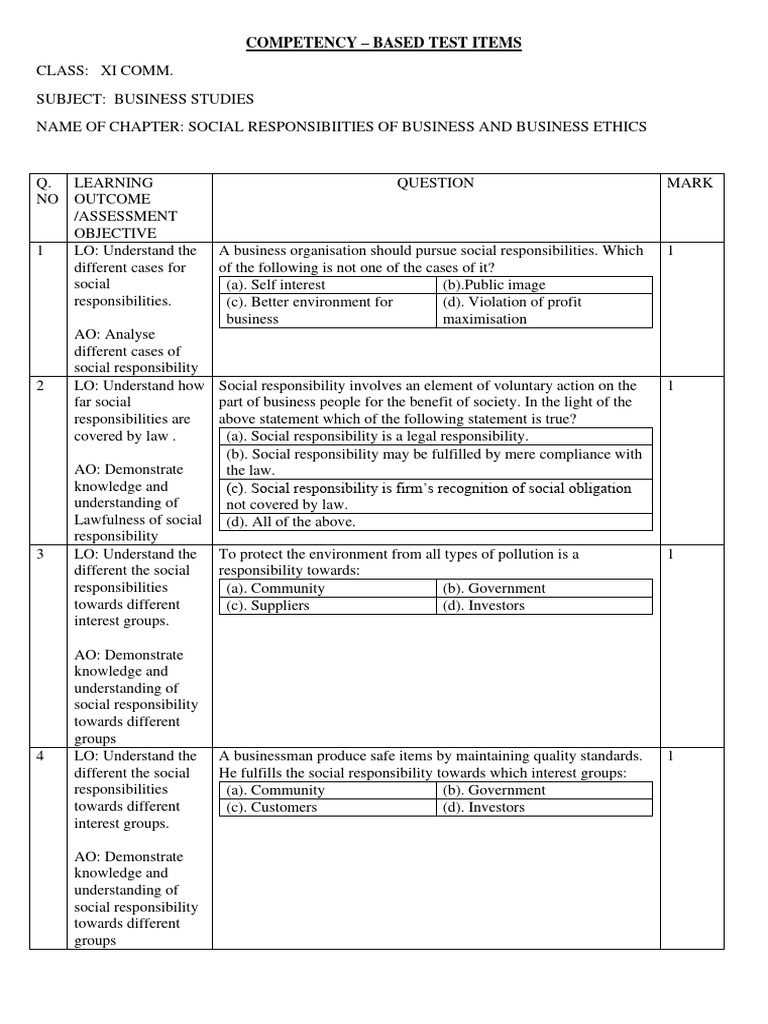Class Xi BST Chapter 6. Social Resoposibility (Competency - Based Test ...