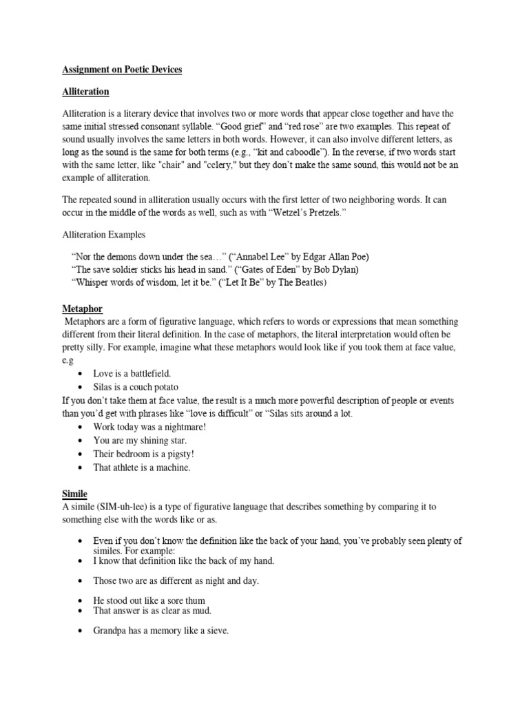 Assignment On Poetic Devices | PDF | Word | Metaphor