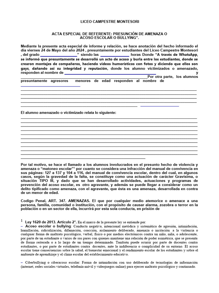 Acta Matoneo Acoso Escolar Bullying 22sep20 | PDF | Abuso infantil ...