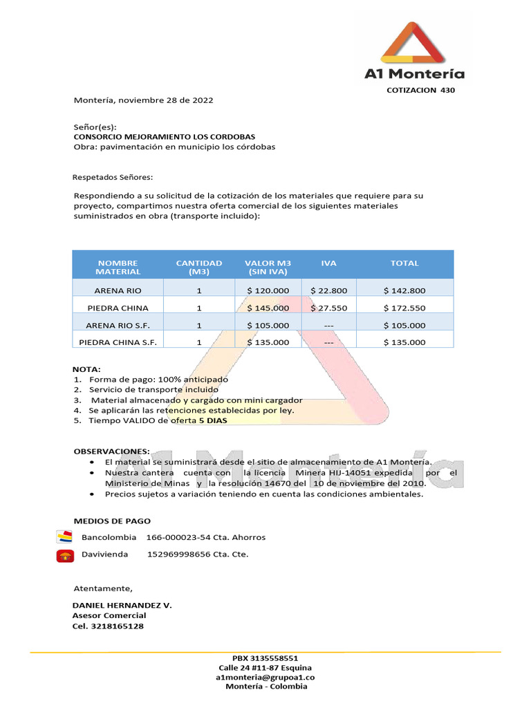 Cotización Materiales Pavimentación | PDF